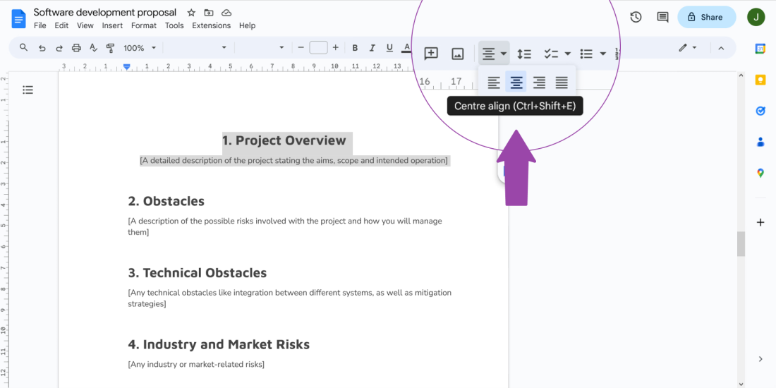 How to center text in Google Docs