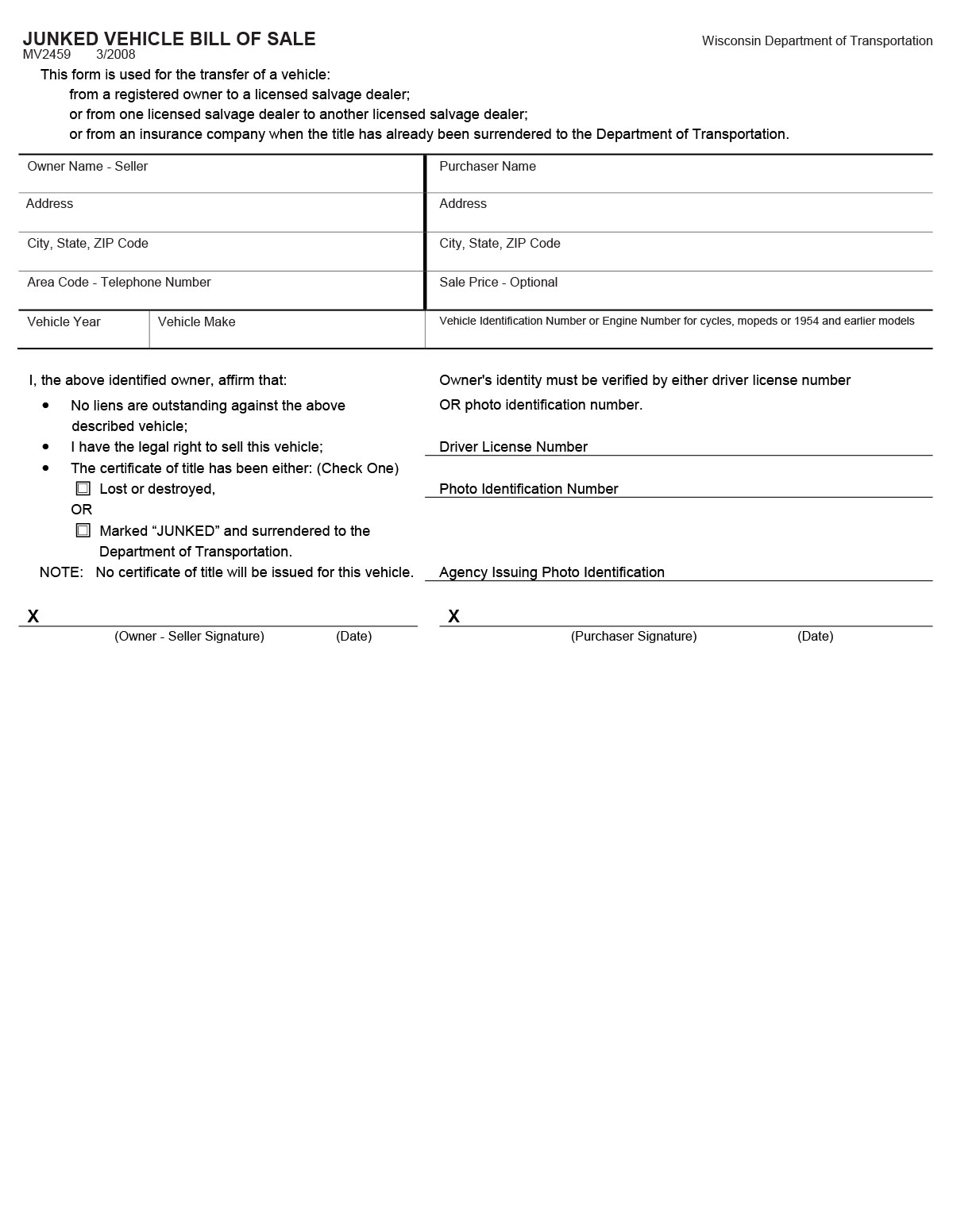 Wisconsin Bill of Sale Form Templates, Free Samples for Cars, Boats ...